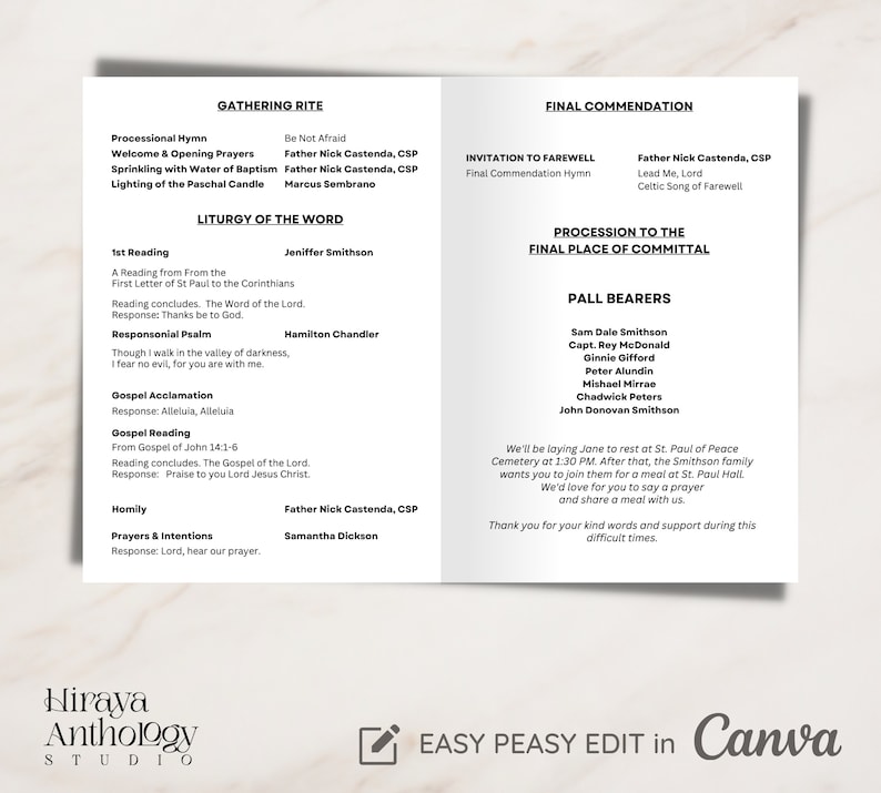 Peace Lily Catholic FUNERAL Mass Program, Funeral Liturgy, Final ...