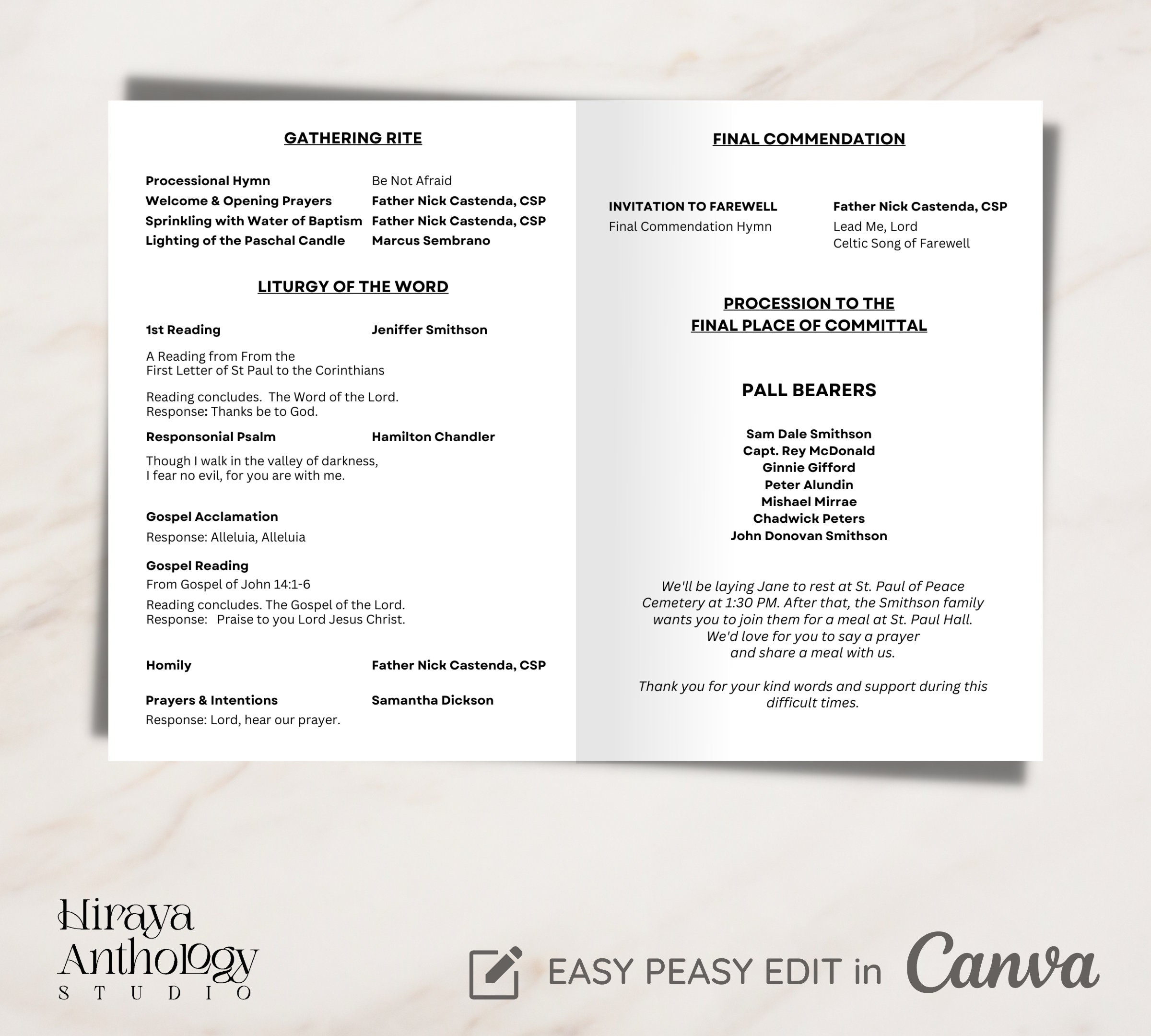 Peace Lily Catholic FUNERAL Mass Program, Funeral Liturgy, Final ...