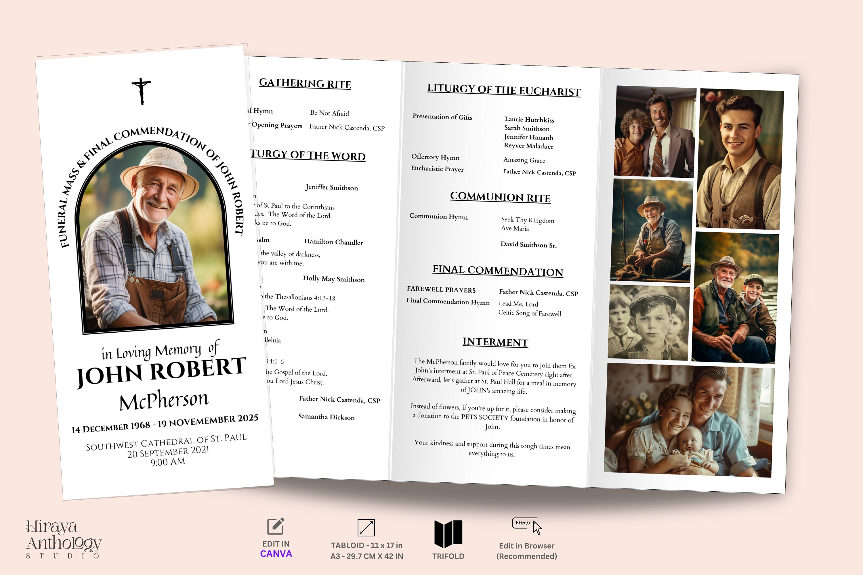 TRIFOLD 11 X 17 Inches Catholic Funeral Program Editable Template CANVA ...