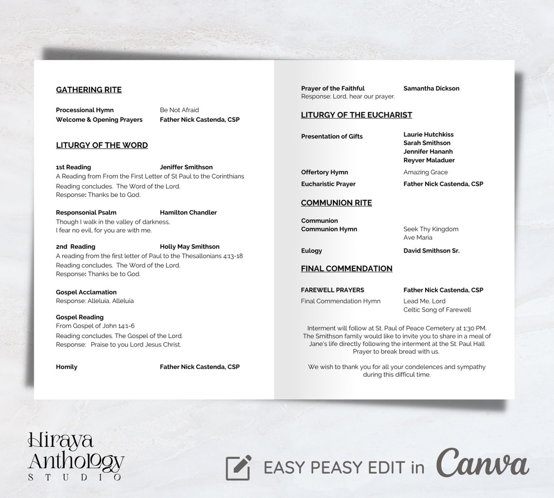 Minimalist CATHOLIC FUNERAL PROGRAM Order of Rites Funeral Mass Liturgy ...