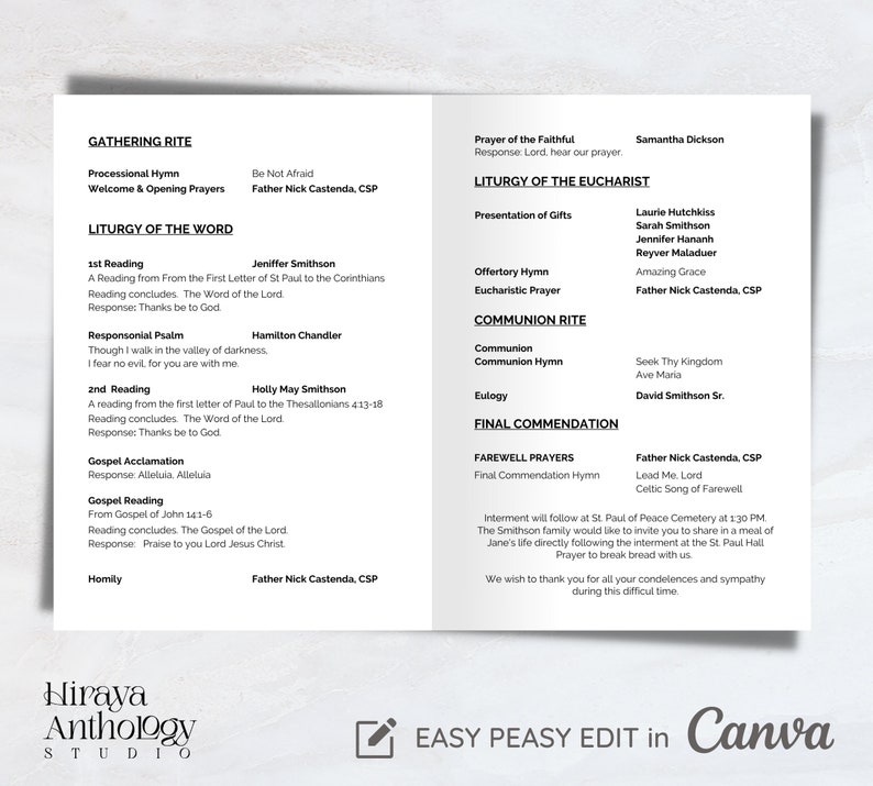 Minimalist CATHOLIC FUNERAL PROGRAM Order of Rites Funeral Mass Liturgy ...