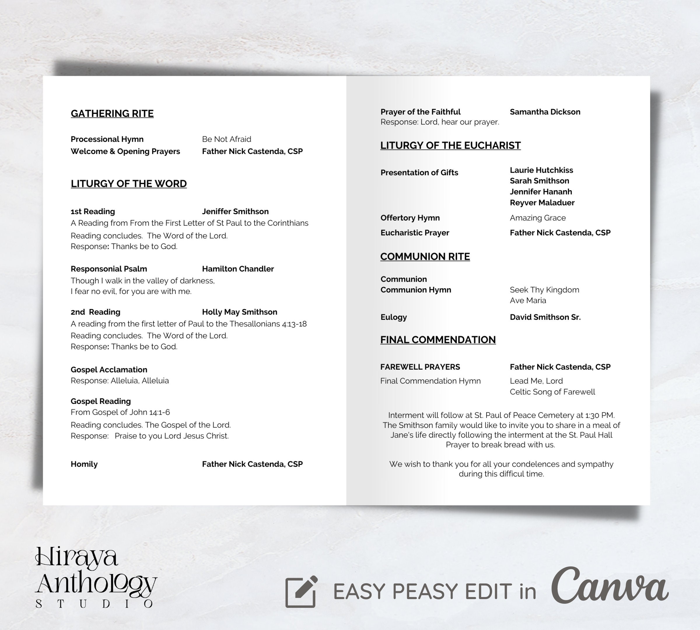 Minimalist CATHOLIC FUNERAL PROGRAM Order of Rites Funeral Mass Liturgy ...
