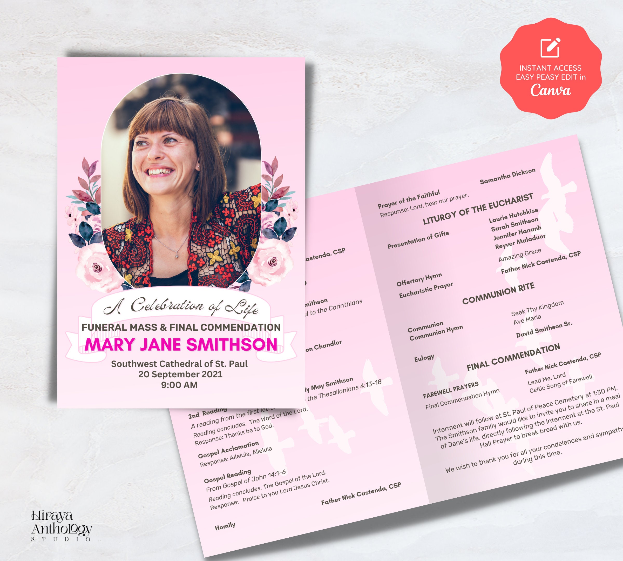 Pink Catholic FUNERAL Mass Program, Funeral Liturgy, Final Commendation ...