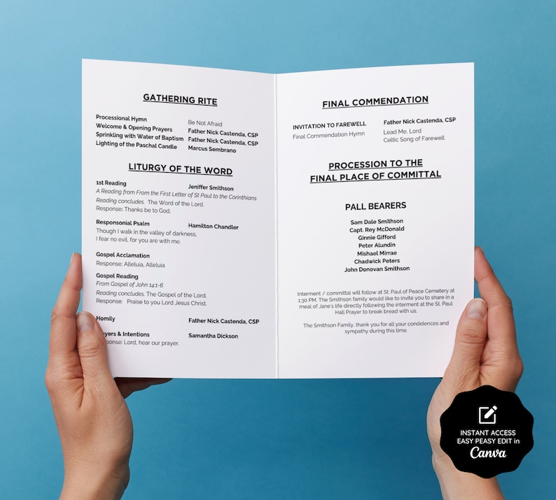 Catholic FUNERAL Program Mass Order of Rites Editable TEMPLATE ...