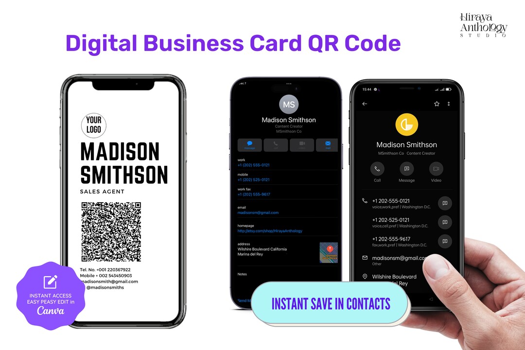 SIMPLE Digital Business Card QR Code Direct Save to Contact Black and ...