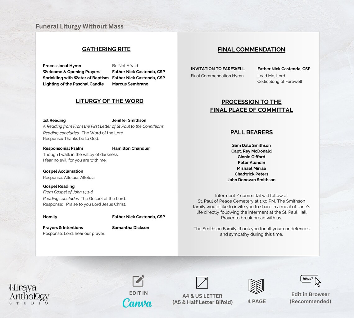 Catholic FUNERAL Program Mass Order of Rites Editable TEMPLATE ...