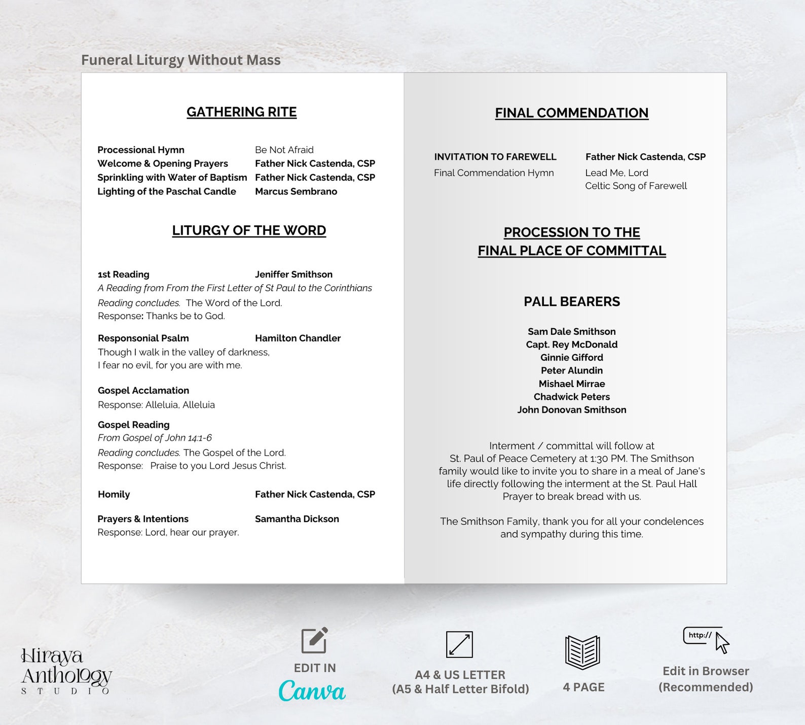 Catholic FUNERAL Program Mass Order of Rites Editable TEMPLATE ...