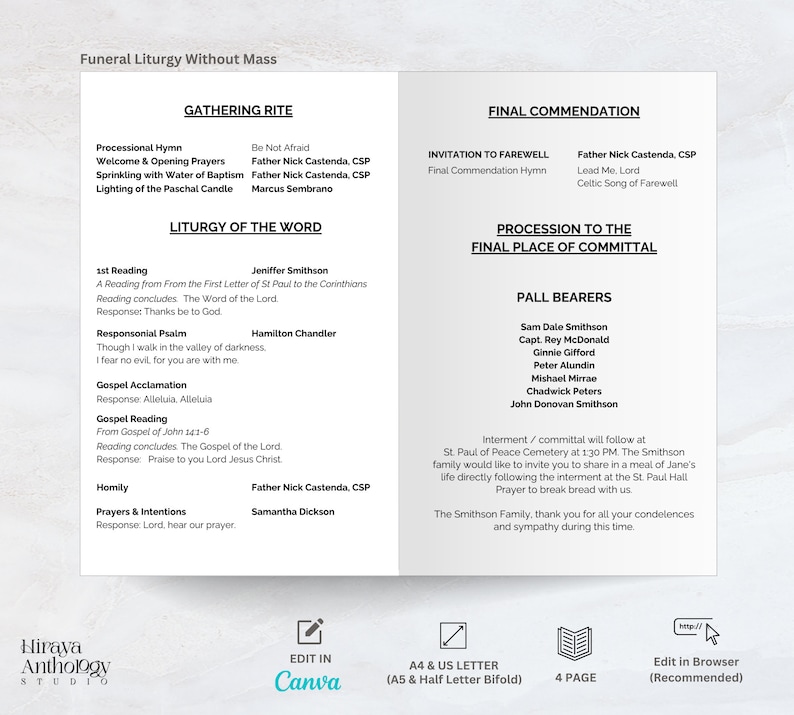 Catholic FUNERAL Program Mass Order of Rites Editable TEMPLATE ...