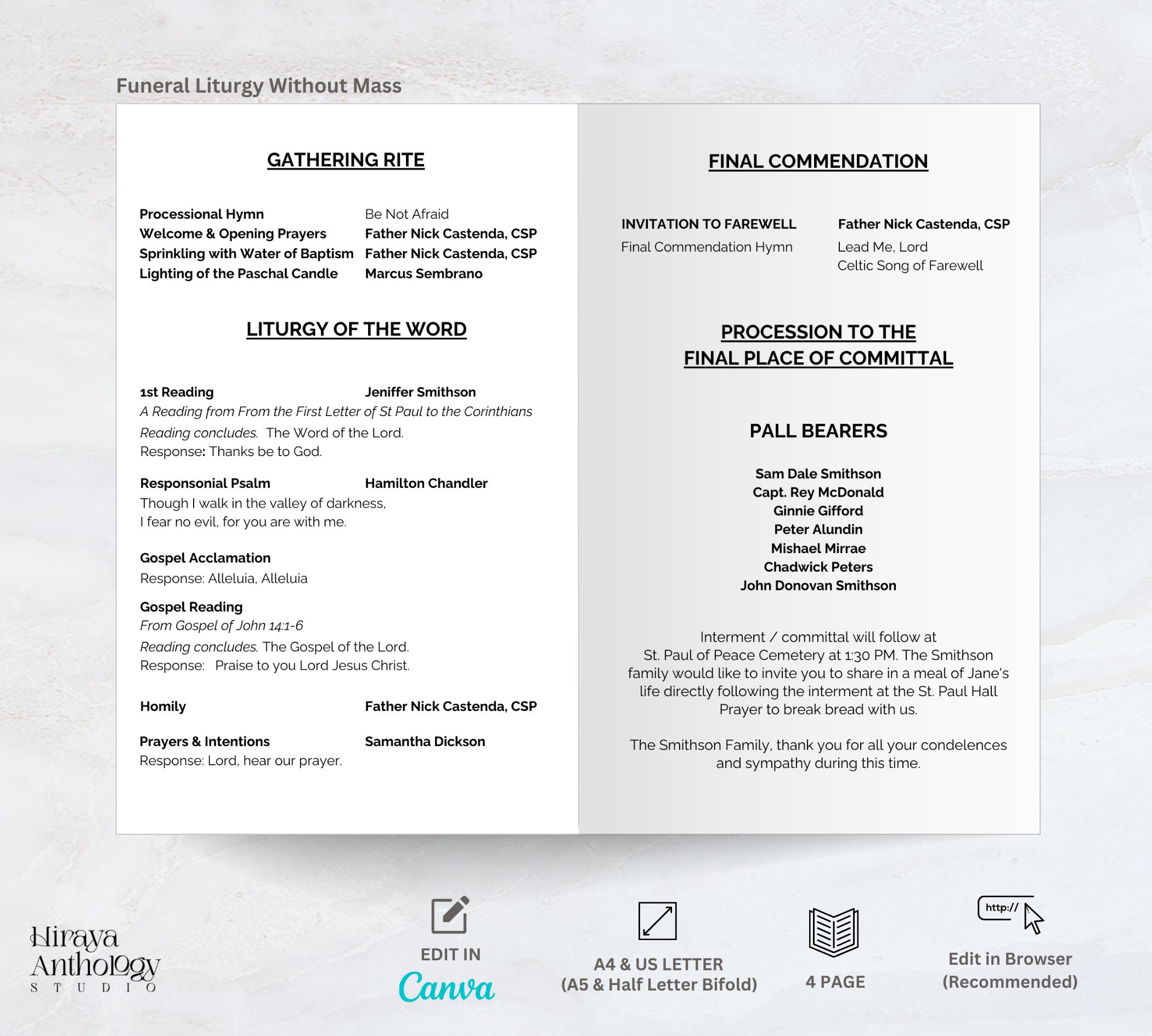 Catholic FUNERAL Program Mass Order of Rites Editable TEMPLATE ...