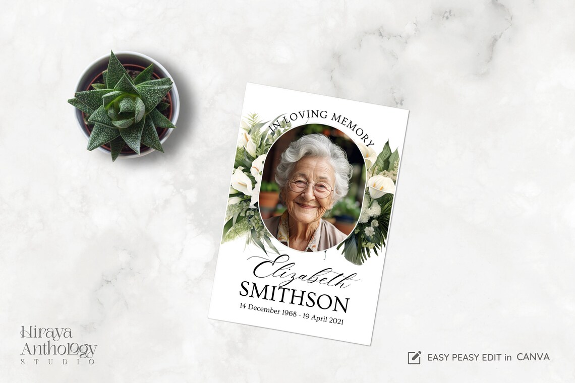 Editable Peace Lily Prayer Card Funeral Memorial, Printable Memorial ...