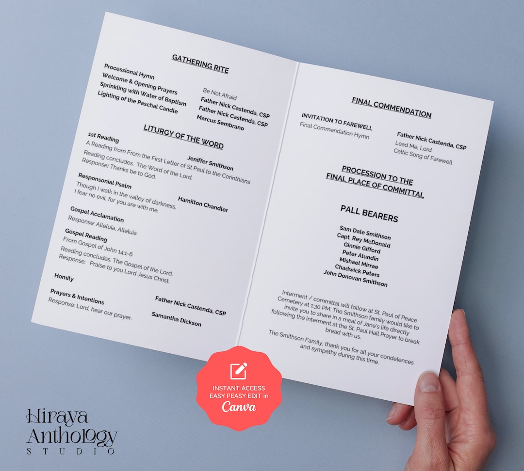 Minimalist CATHOLIC FUNERAL PROGRAM Order of Rites Funeral Mass Liturgy ...