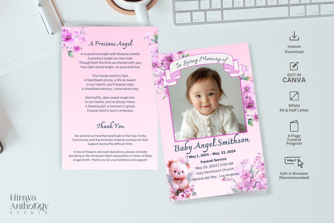 Baby Girl Funeral Program, PINK Forget Me Nots , Memorial Service ...