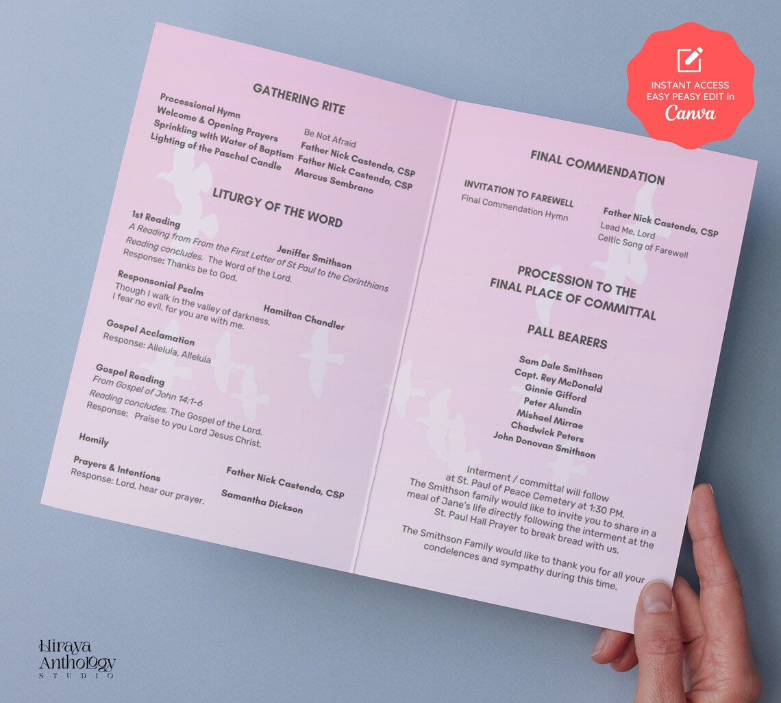 Pink Catholic FUNERAL Mass Program, Funeral Liturgy, Final Commendation ...