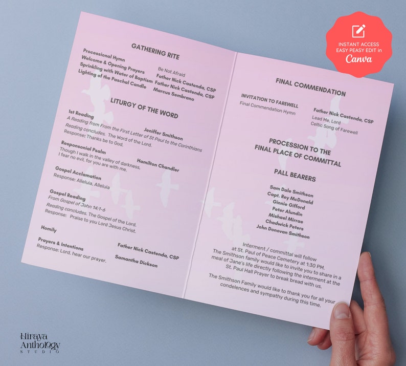 Pink Catholic FUNERAL Mass Program, Funeral Liturgy, Final Commendation ...