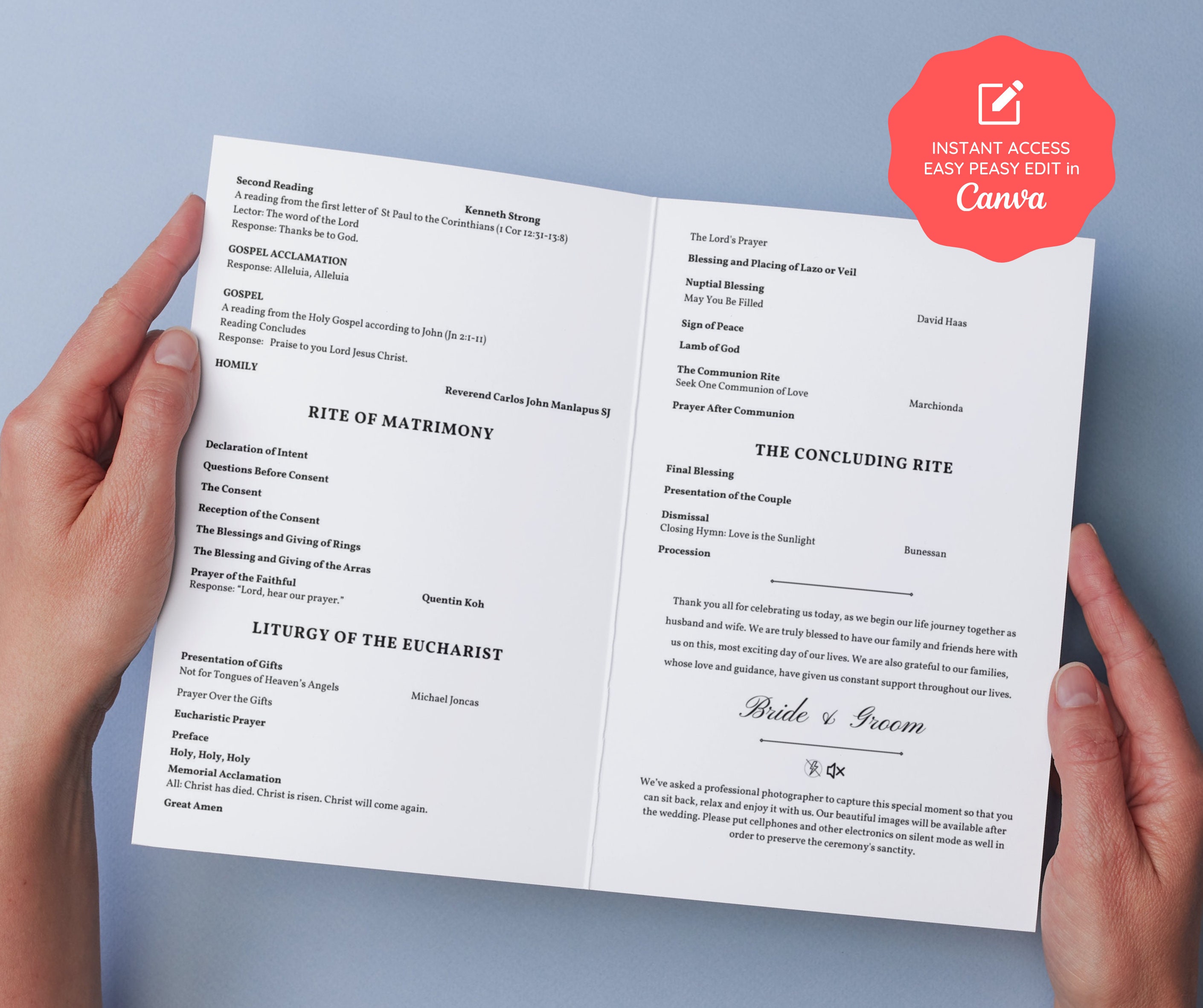 Roman CATHOLIC Wedding Program Template - the Order of Celebrating ...