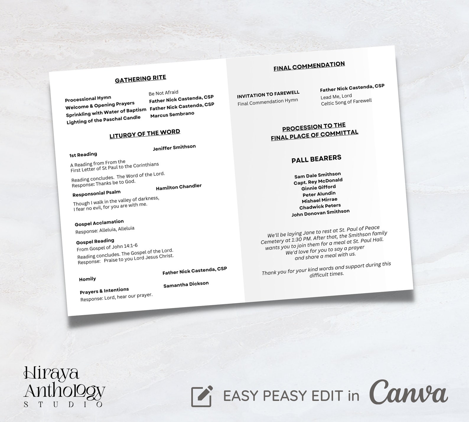 Peace Lily Catholic FUNERAL Mass Program, Funeral Liturgy, Final ...