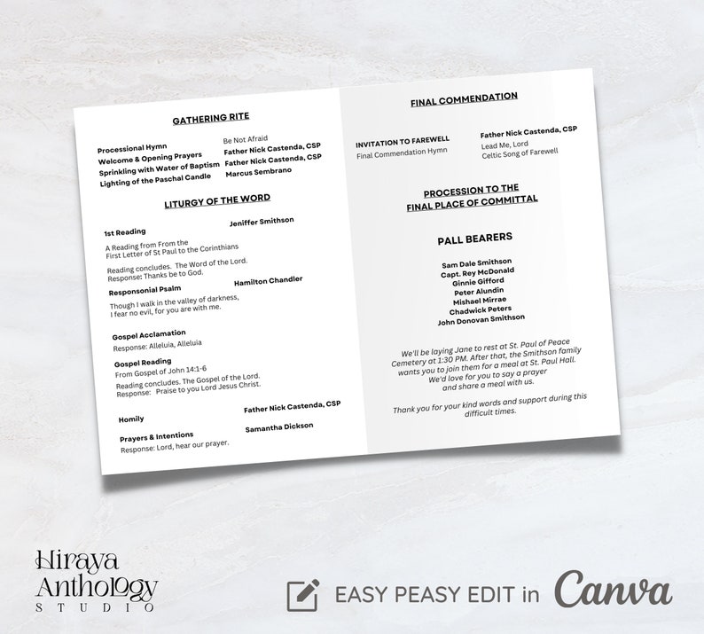 Peace Lily Catholic FUNERAL Mass Program, Funeral Liturgy, Final ...