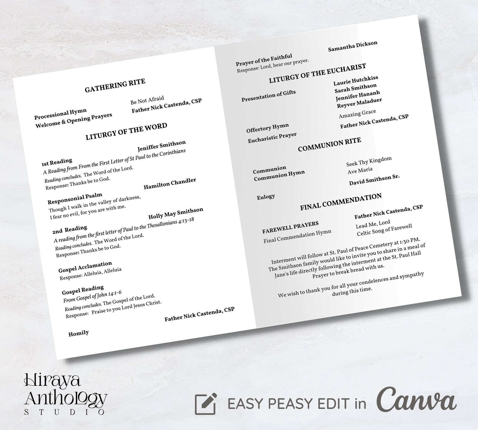 Catholic FUNERAL Mass Program, Funeral Liturgy, Final Commendation ...