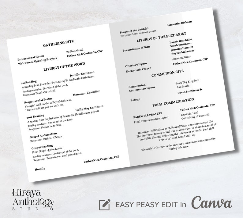 Catholic FUNERAL Mass Program, Funeral Liturgy, Final Commendation ...