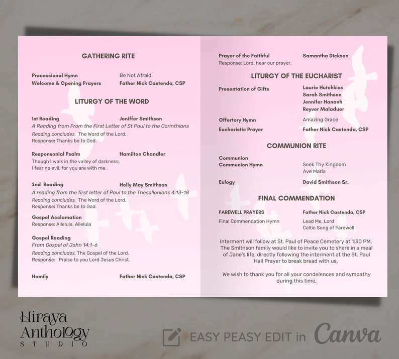 Pink Catholic FUNERAL Mass Program, Funeral Liturgy, Final Commendation ...