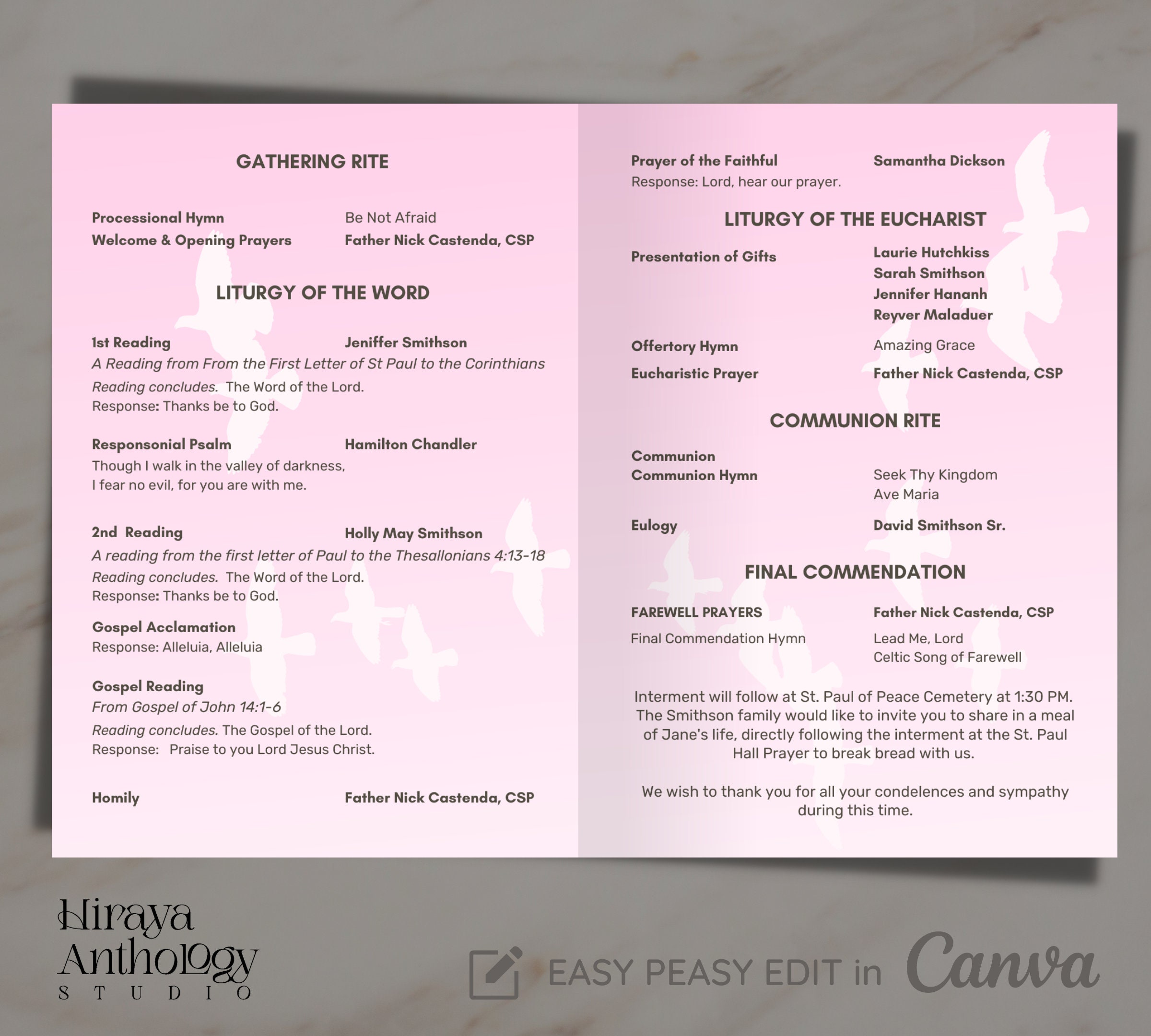 Pink Catholic FUNERAL Mass Program, Funeral Liturgy, Final Commendation ...