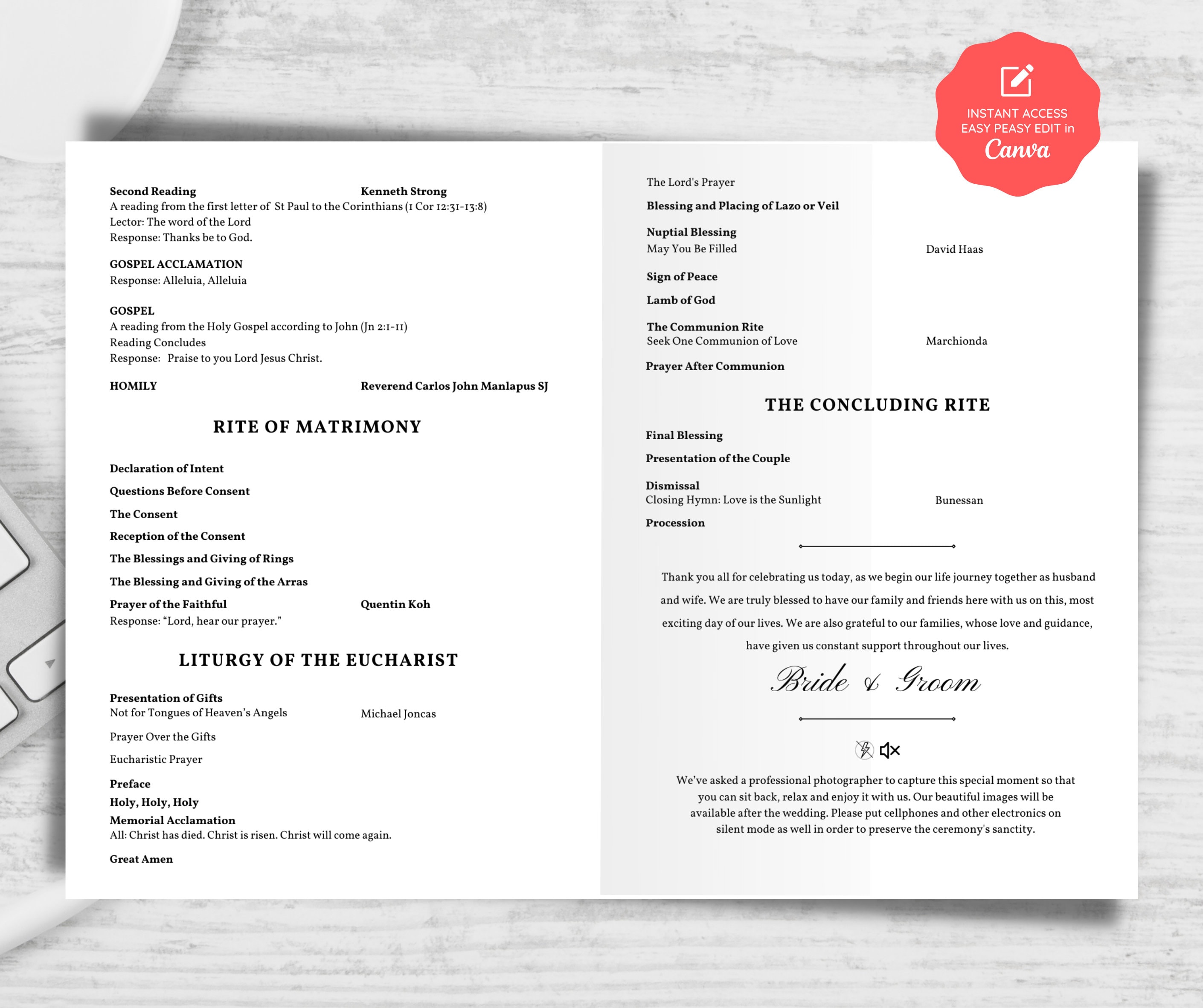 Roman CATHOLIC Wedding Program Template - the Order of Celebrating ...