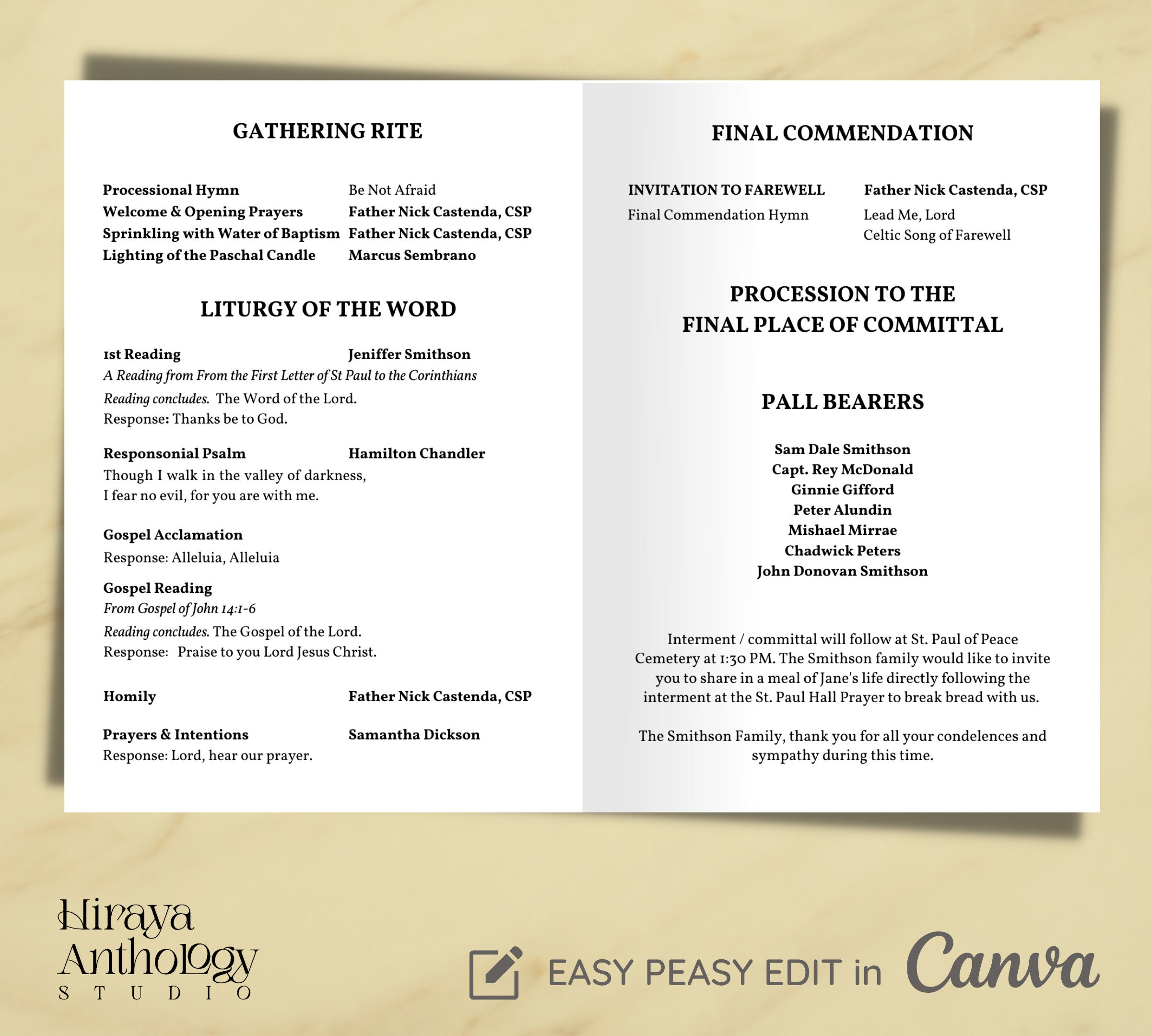 Catholic FUNERAL Mass Program, Funeral Liturgy, Final Commendation ...