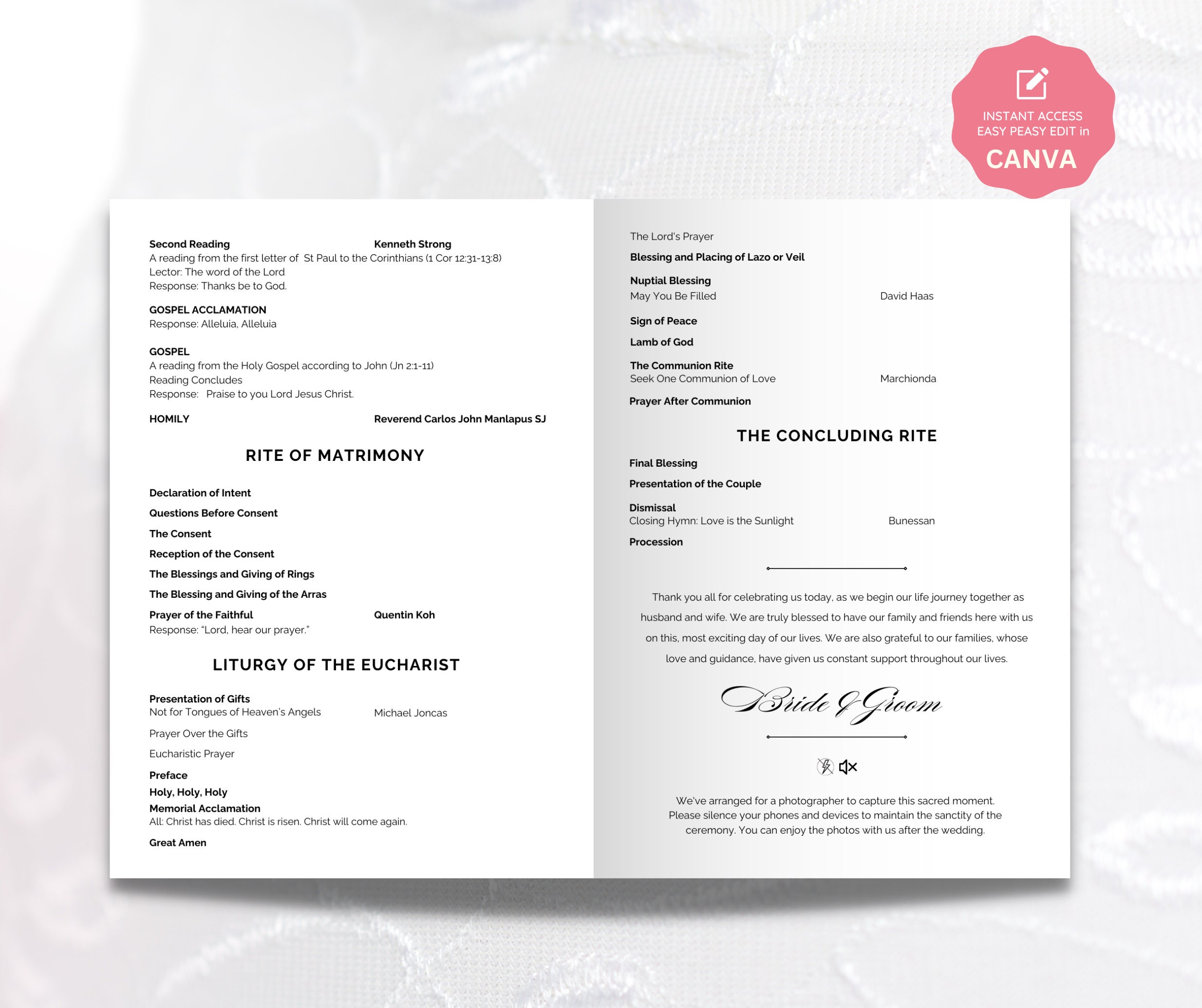 CATHOLIC Wedding Program Template SIMPLE Black & White - Order of ...