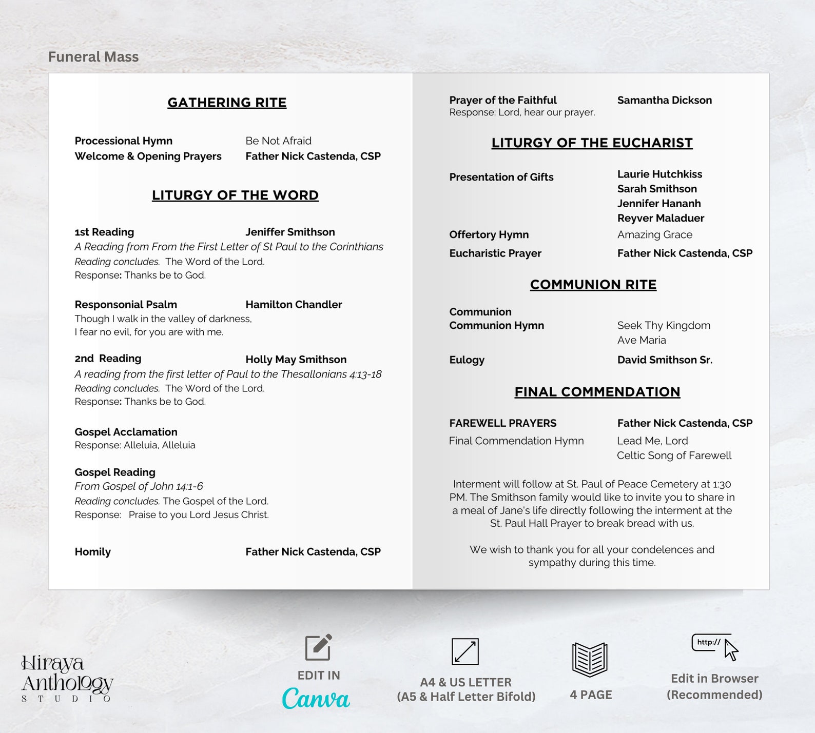 Catholic FUNERAL Program Mass Order of Rites Editable TEMPLATE ...