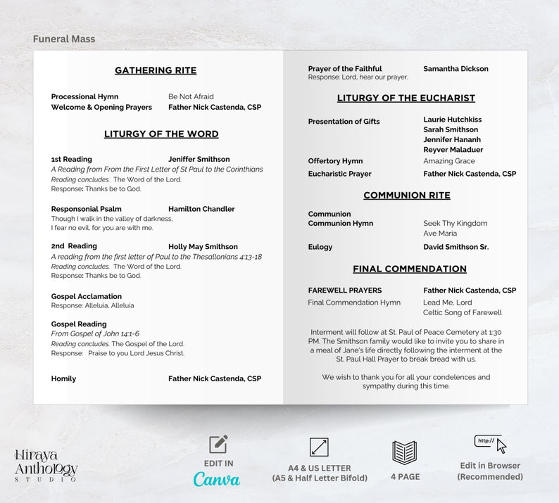 Catholic FUNERAL Program Mass Order of Rites Editable TEMPLATE ...