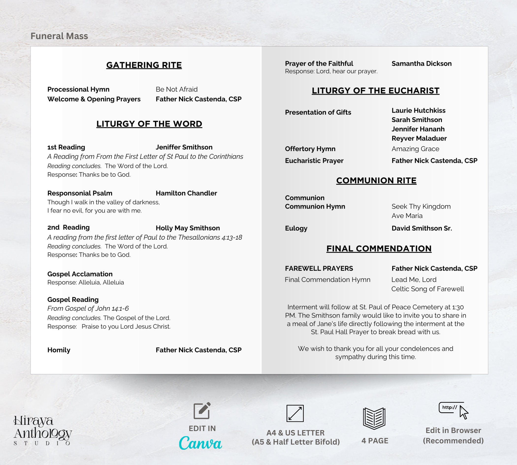 Catholic FUNERAL Program Mass Order of Rites Editable TEMPLATE ...