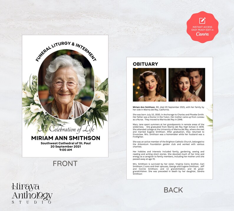 Peace Lily Catholic FUNERAL Mass Program, Funeral Liturgy, Final ...