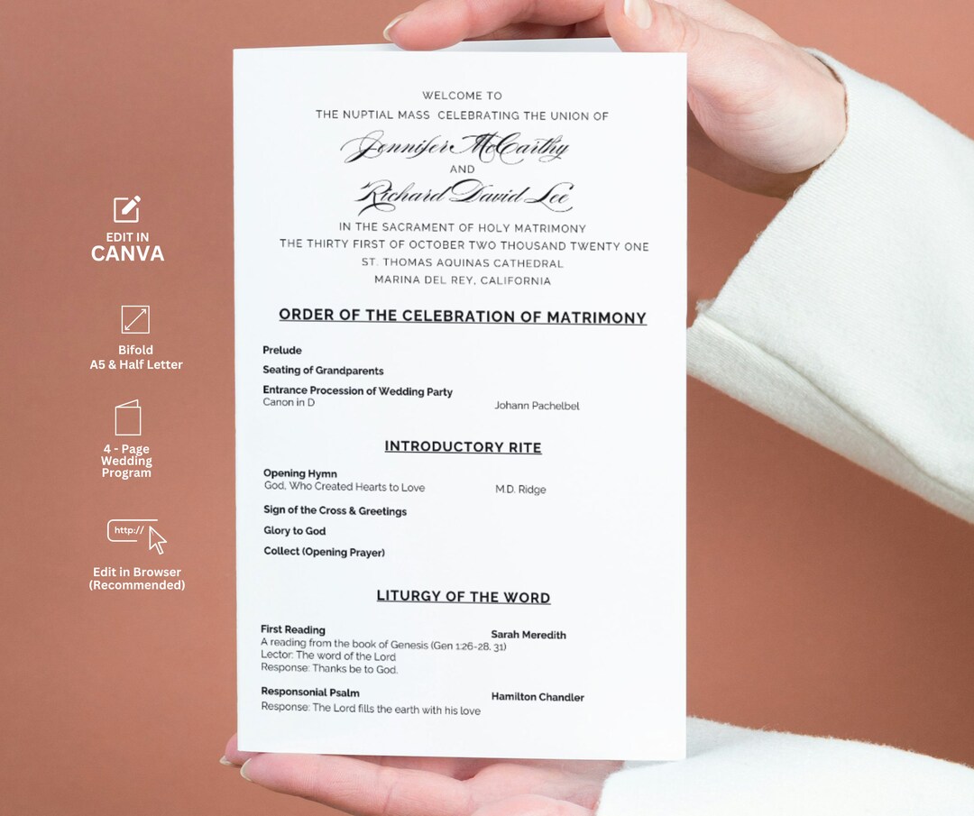 CATHOLIC Wedding Program Template SIMPLE Black & White - Order of ...