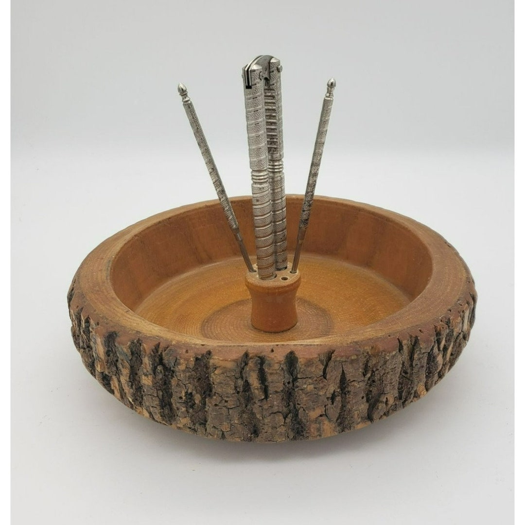 Vintage Raw Edge Tree Bark Nut Bowl With Metal Cracker and 2 Picks Felt ...