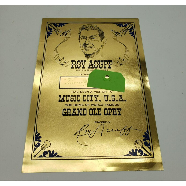 Gold Grand Ole Opry Visitor Certificate, Roy Acuff Fac Signature Music ...