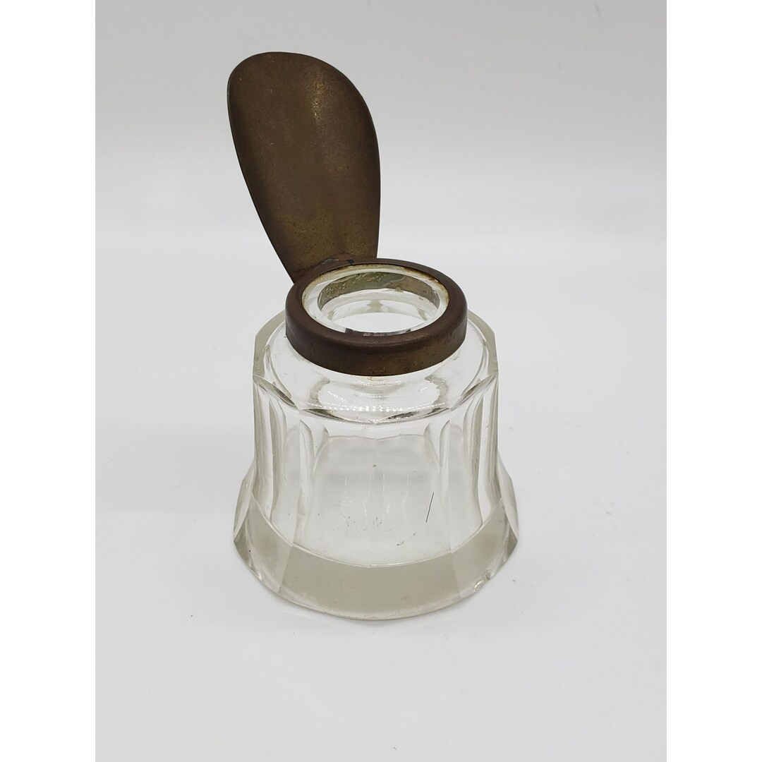 Decagon Shaped Glass Inkwell With Brass Quill Rest, No Top, Small Chip ...