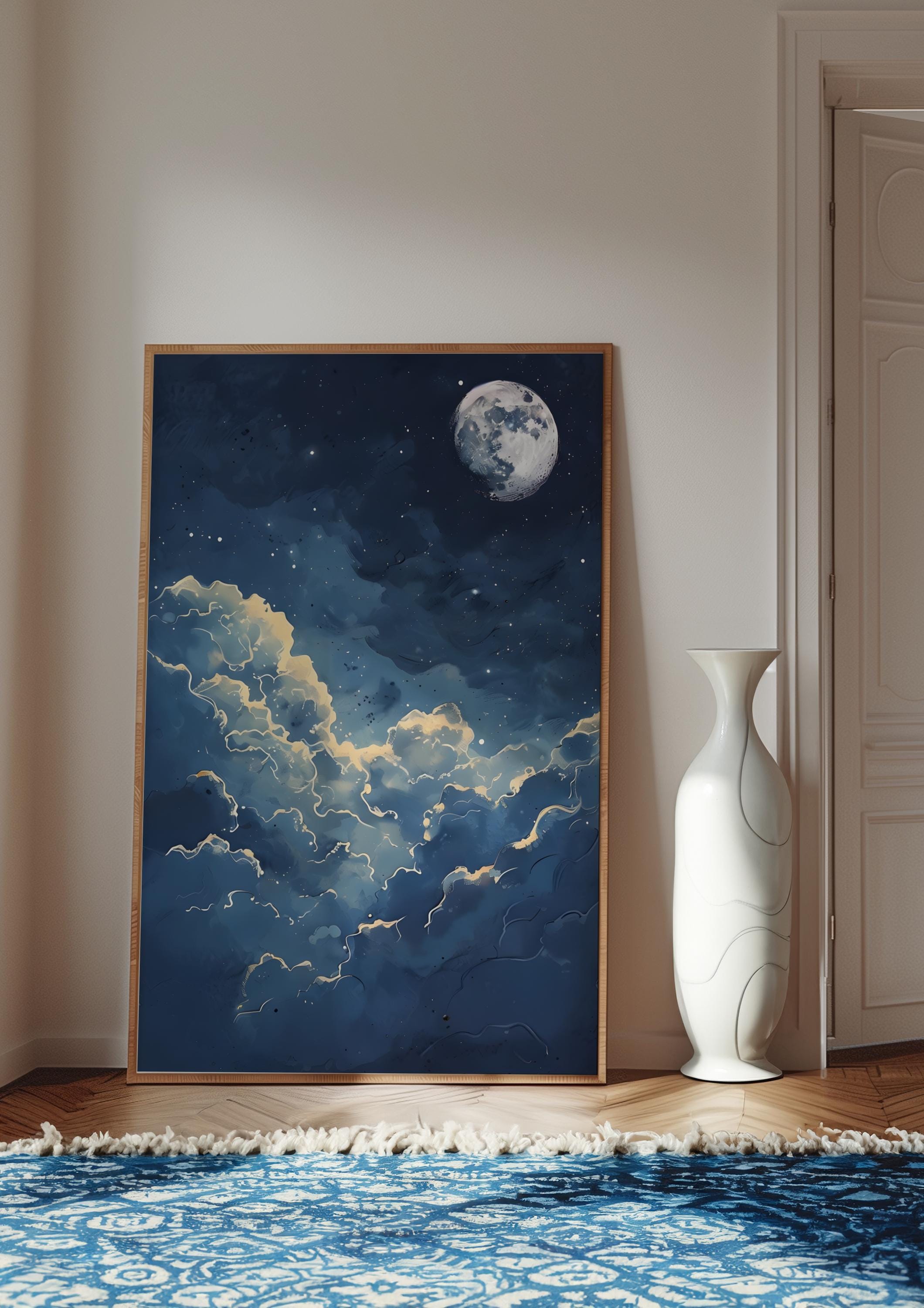 Celestial Night Sky Digital Art, Cloudy Moonlit Sky Printable Wall Art ...