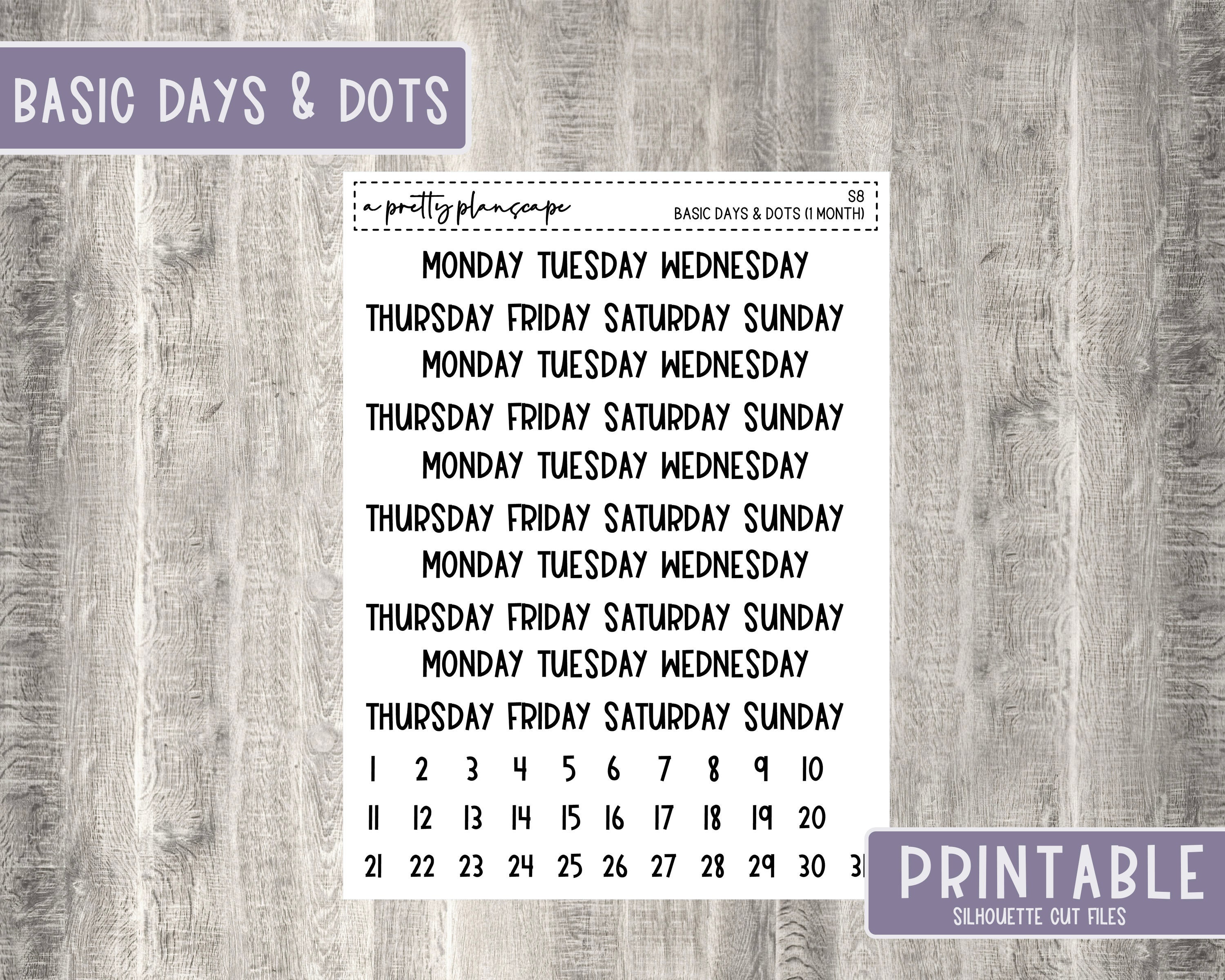PRINTABLE Basic Days & Dots Date Covers Date Dots One Complete Month ...