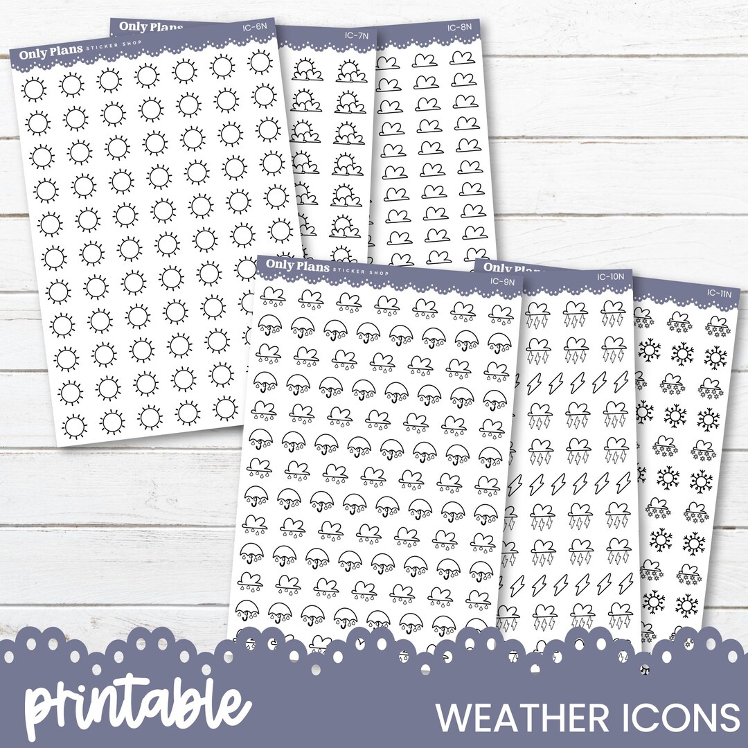 PRINTABLE Black & White Weather Icon Stickers - Kiss Cut - Weather ...