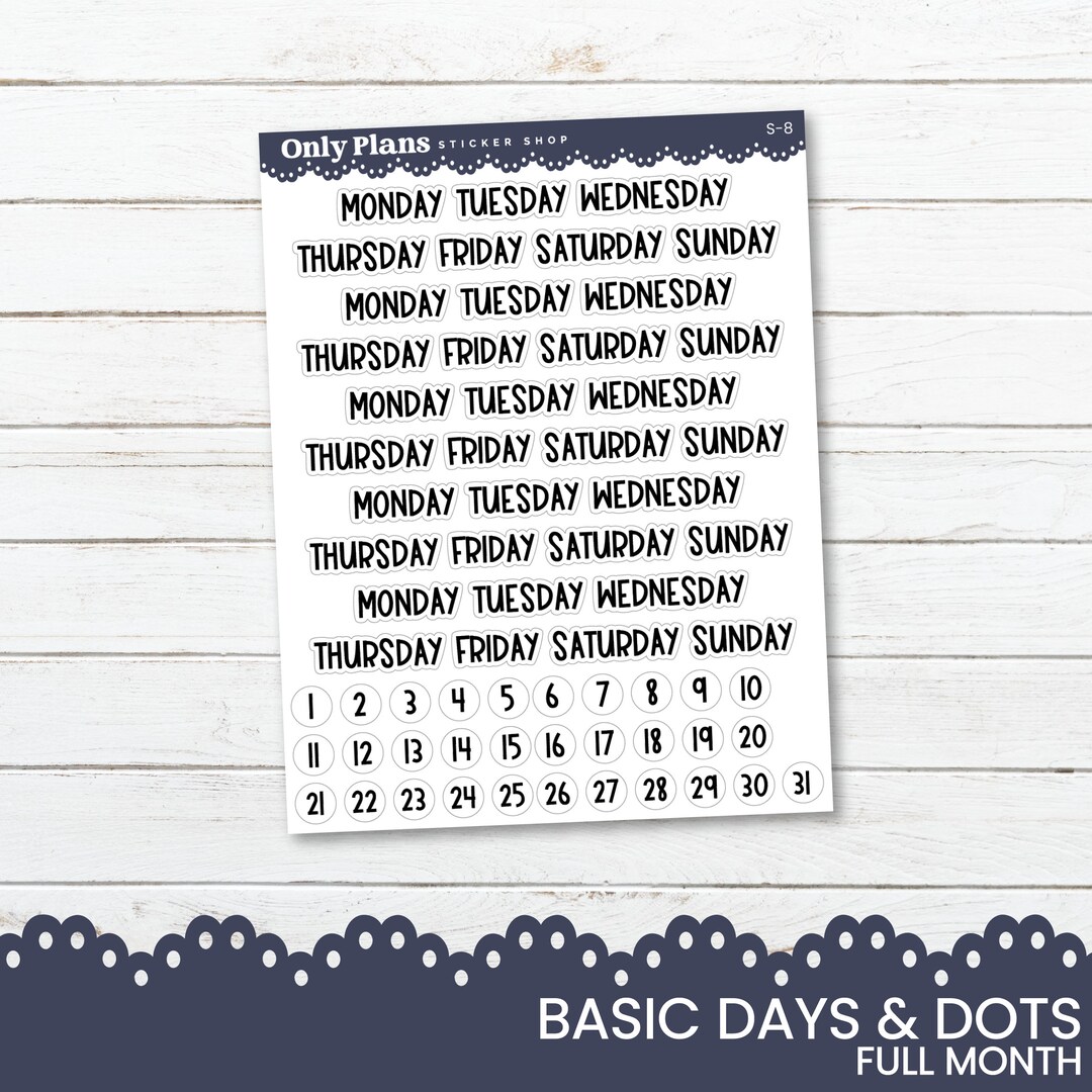 Basic Days & Dots - Days of the Week Script Stickers and Date Dots ...