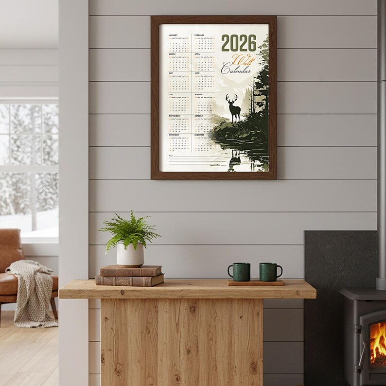 2026 Calendar Poster Rustic Deer Silhouette. Annual Wall Art Planner ...