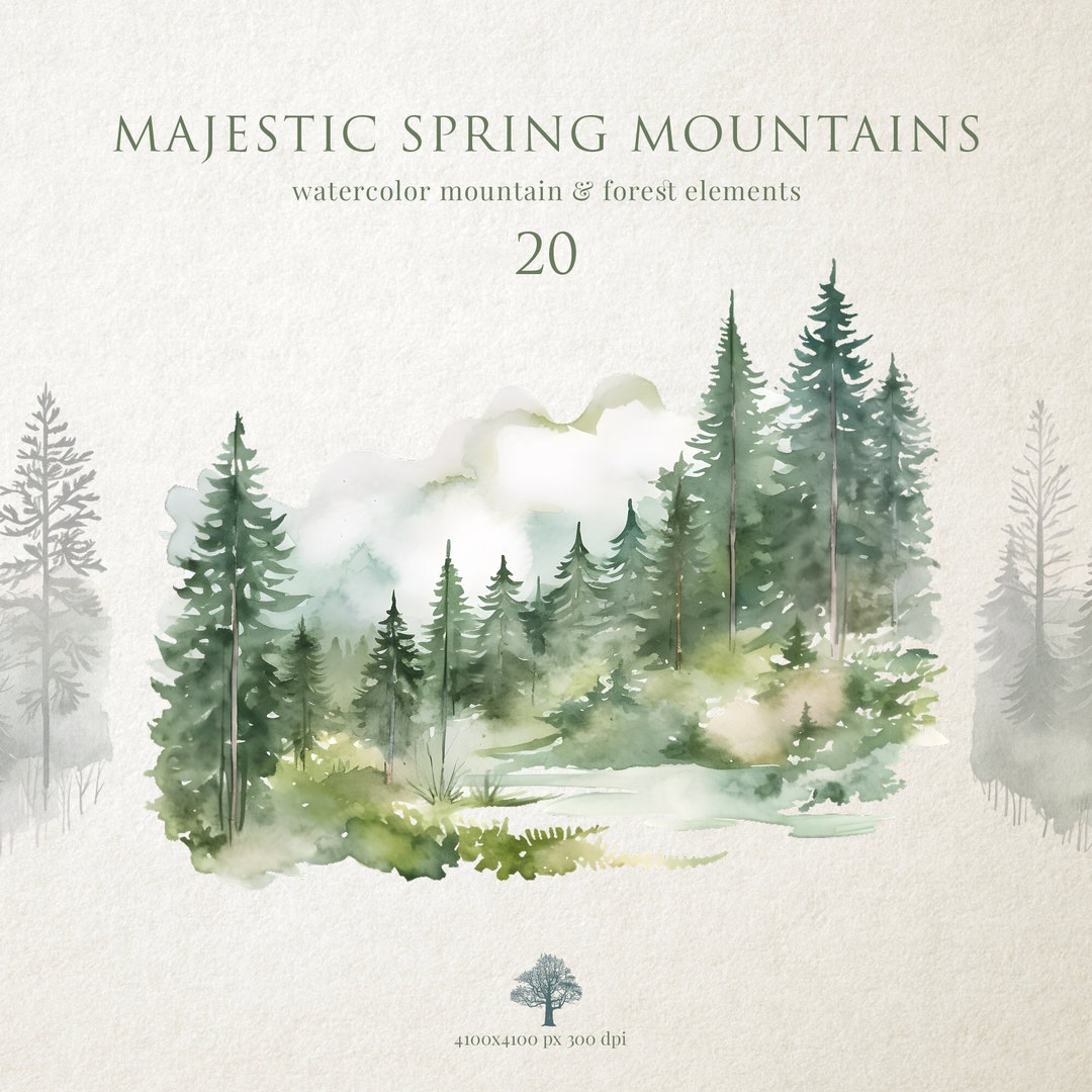 Majestic Spring Mountains Watercolor Landscape Forest, Peaks Serene ...