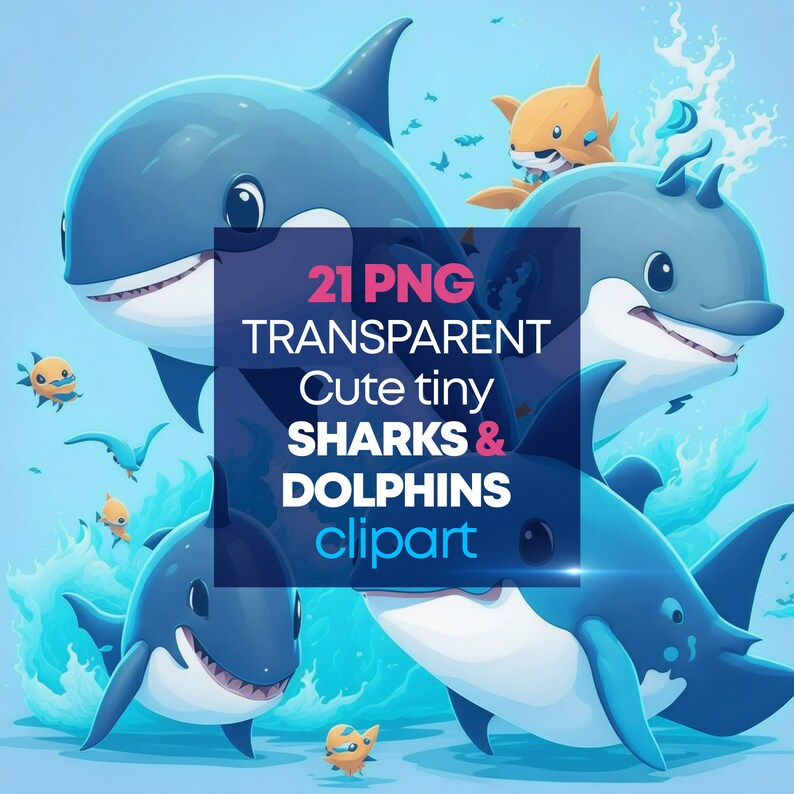 Cute Tiny Anime Sharks and Dolphins Clipart, Adorable, Shark Clipart ...