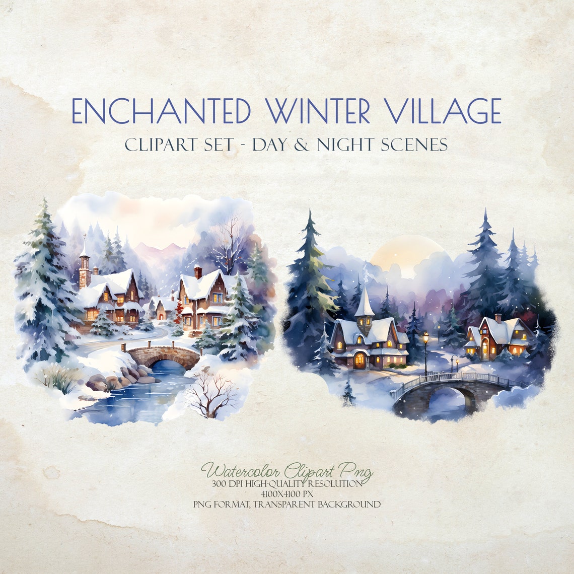 Watercolor Winter Village Clipart: Enchanted Christmas Scenes (digital ...