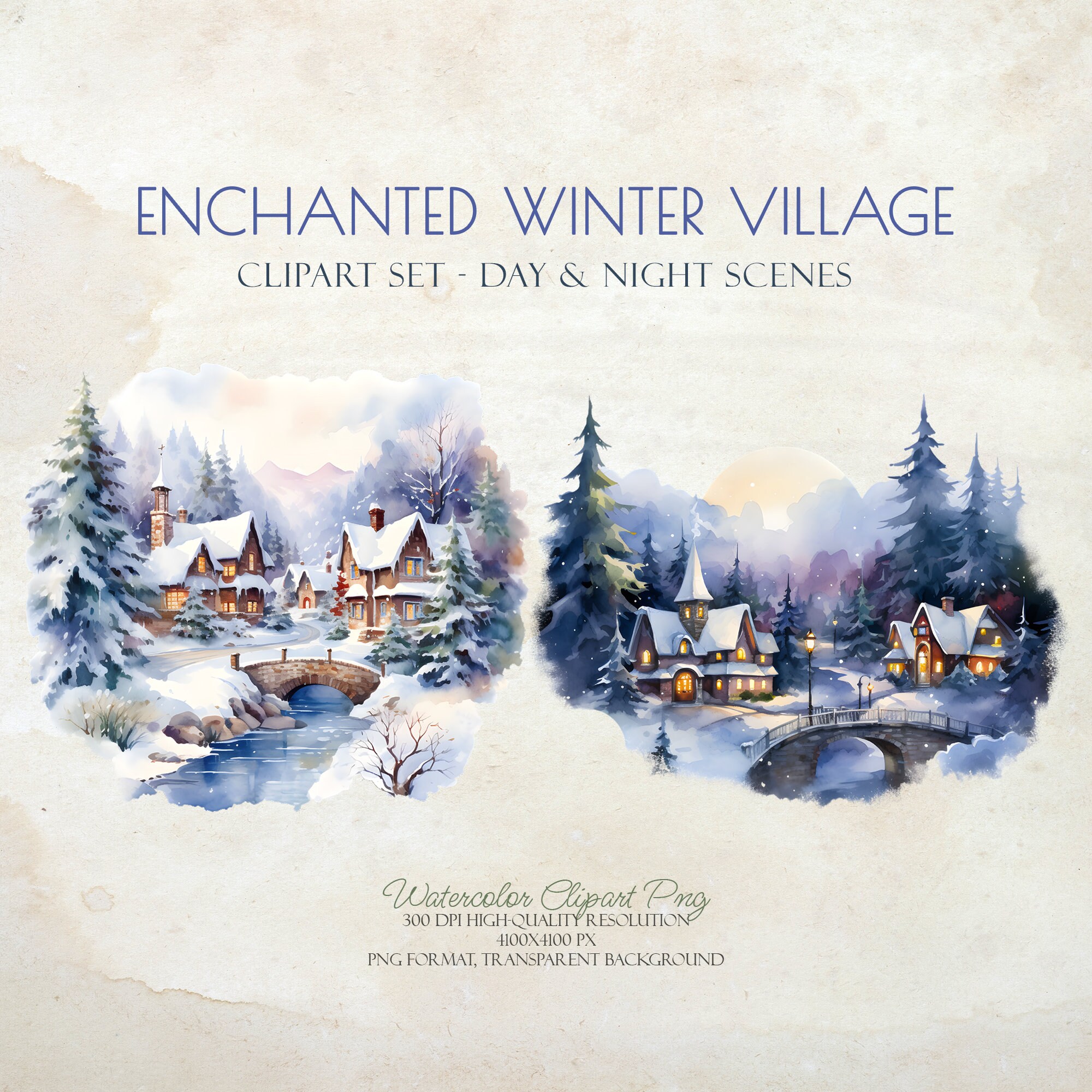 Enchanted Winter Village - Watercolor Winter Clipart - Watercolor ...
