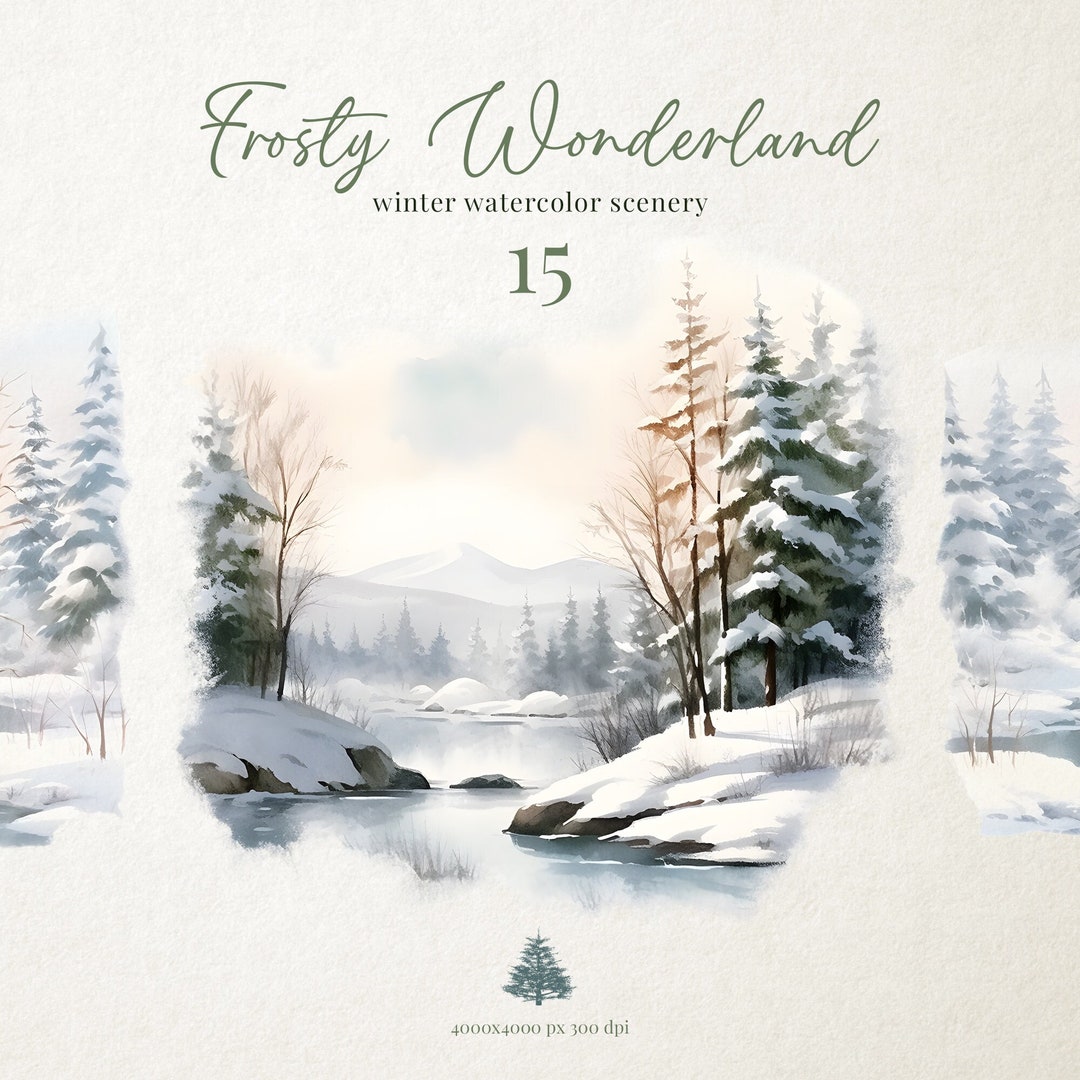 Frosty Wonderland, Winter Watercolor Scenery, Watercolor Landscapes ...