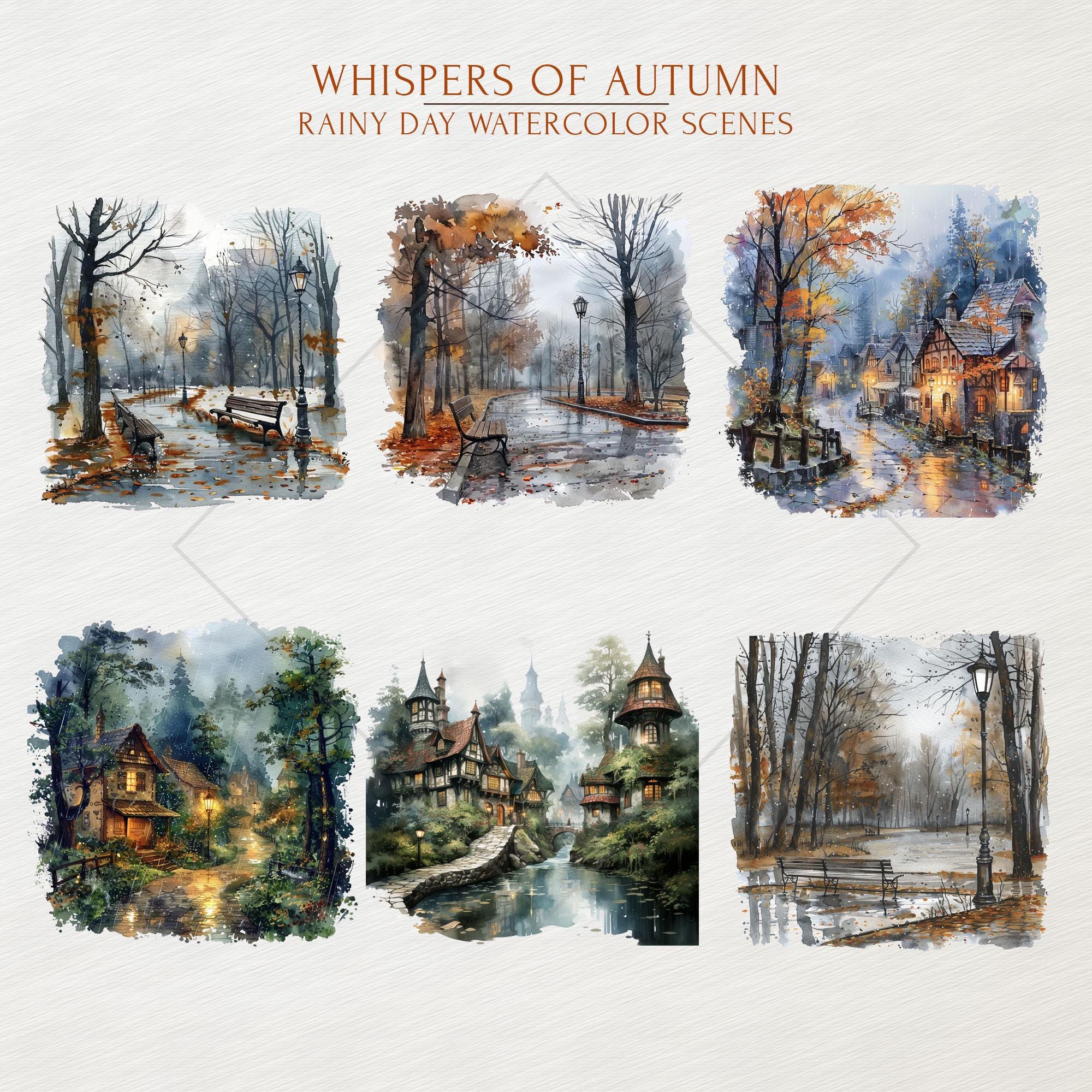 Rainy Autumn Day Watercolor Clipart: Cozy Fall Scenes (PNG Printable ...