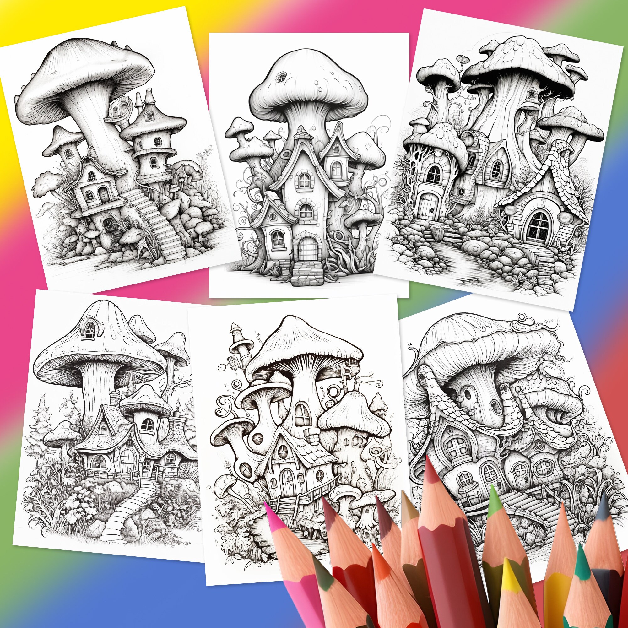 Whimsical Mushroom House Coloring Pages for Children 23 - Etsy
