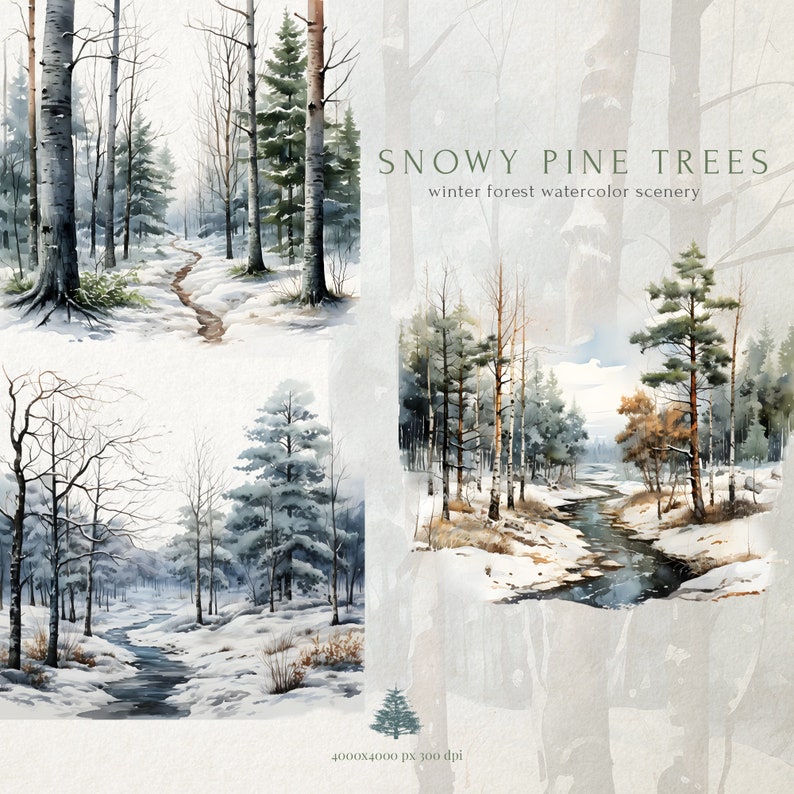 Snowy Pine Trees Clipart, Winter Forest Watercolor Scenery, Watercolor ...