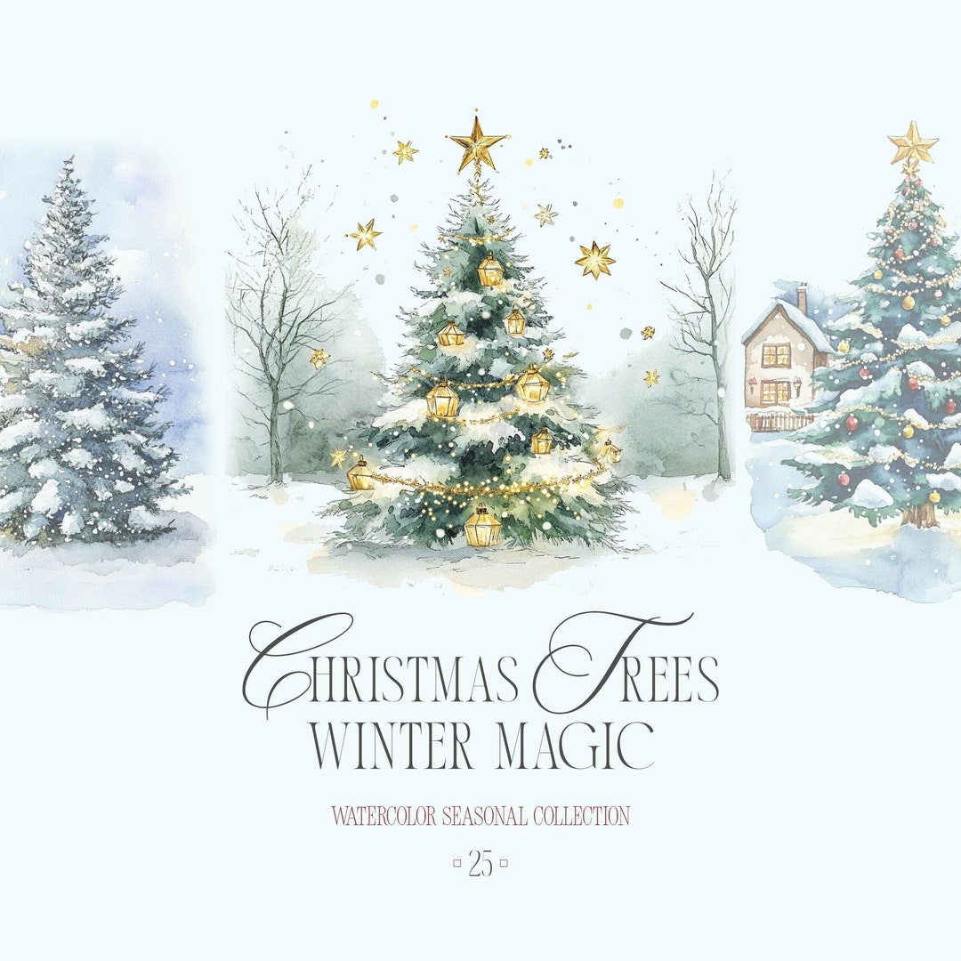 Christmas Trees Winter Magic - Watercolor Decorated Christmas Trees ...